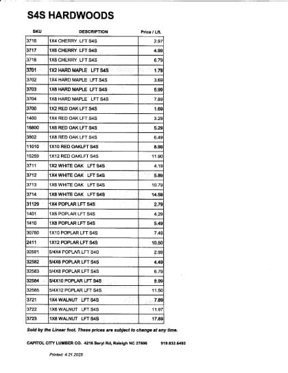 S4S HARDWOOD Lumber Price Sheet | Capitol City Lumber